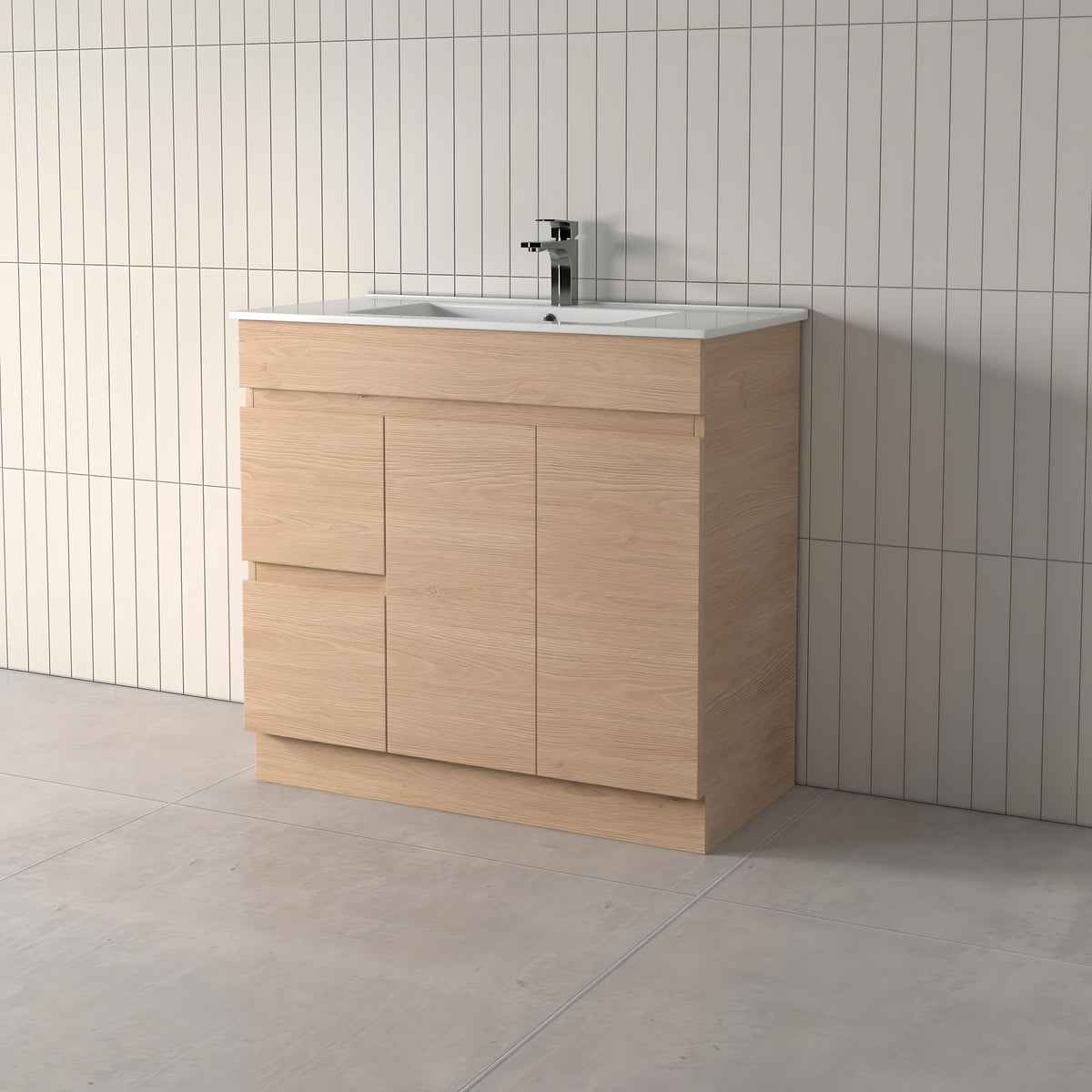 Thebe 900mm Vanity with Slim Ceramic Top, Soft Oak – Bathware Direct