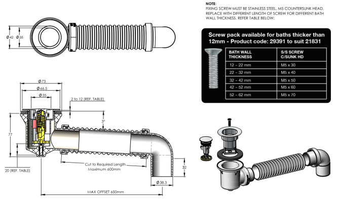 40mm Pop Down Bath Waste Brushed Nickel with Connector, 21831 ...
