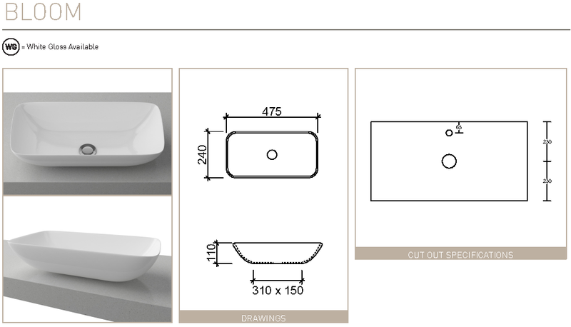 Timberline Bloom Above Counter Basin - White Gloss – Bathware Direct
